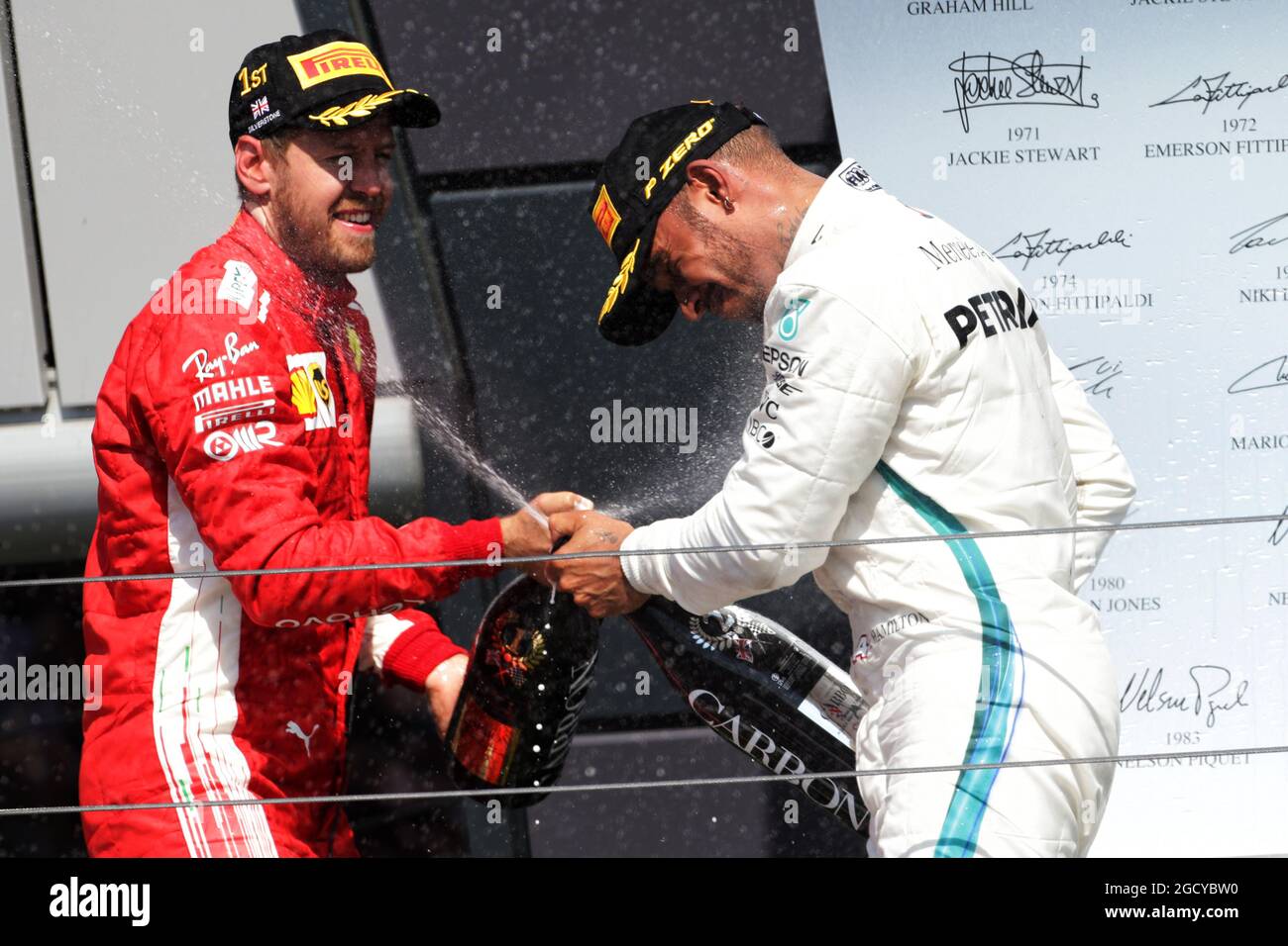 Mercedes amg f1 on podium race winner sebastian vettel hi-res stock ...