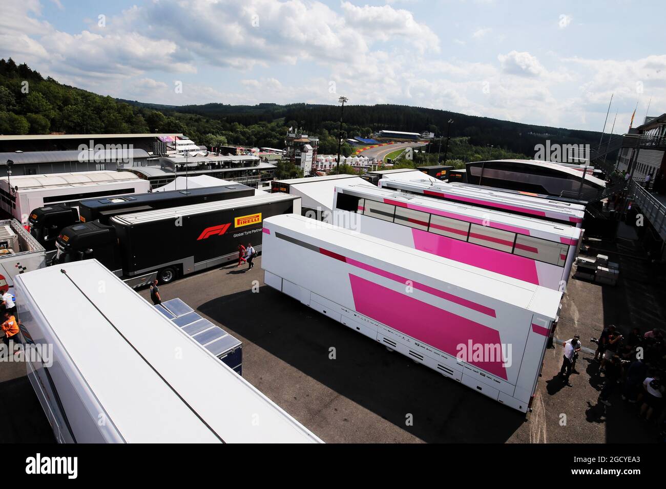 Force India F1 Team trucks in the paddock. Belgian Grand Prix, Thursday ...