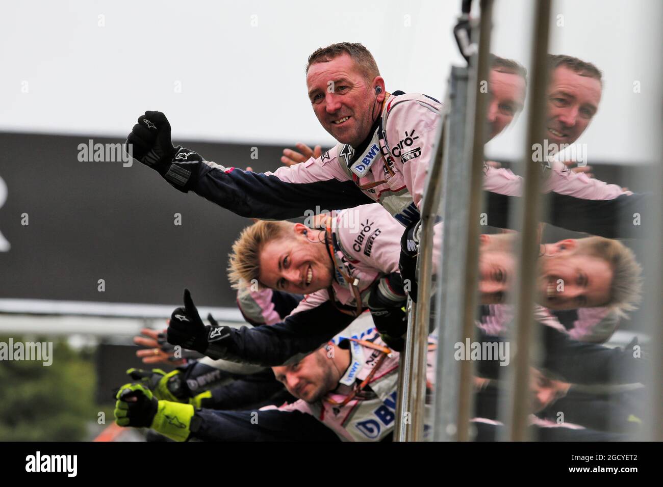 The Racing Point Force India F1 Team celebrates at the end of the race ...