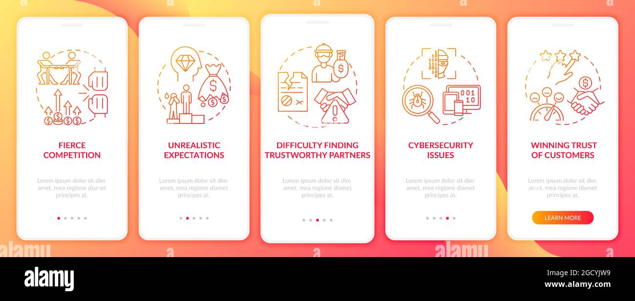 Challenges of launching startup red onboarding mobile app page screen ...