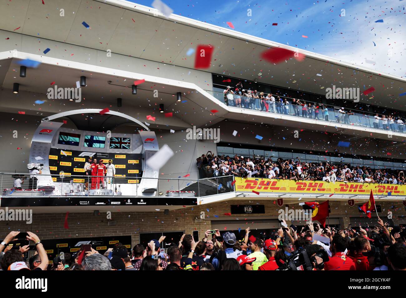 The podium (L to R): Max Verstappen (NLD) Red Bull Racing, second; Kimi ...