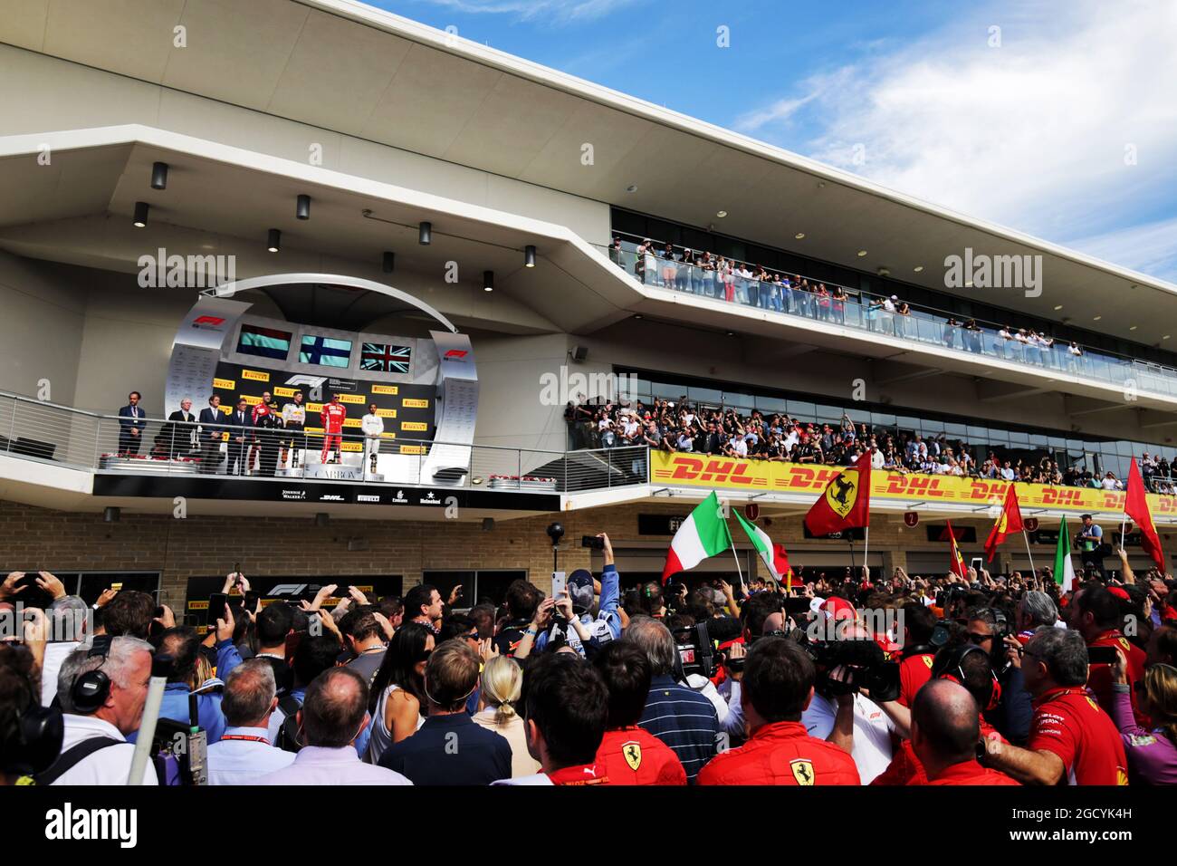 The podium (L to R): Max Verstappen (NLD) Red Bull Racing, second; Kimi ...