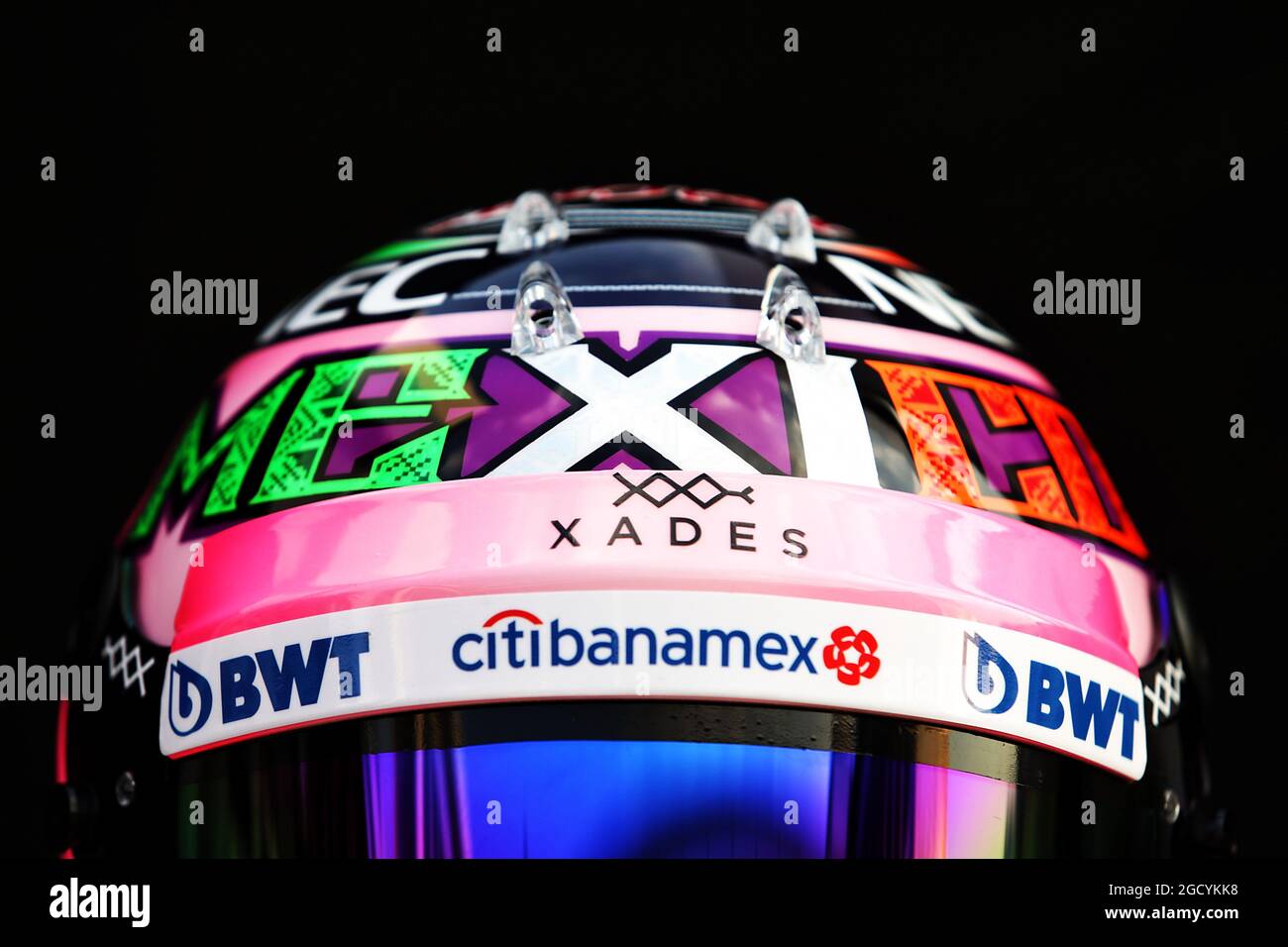 The helmet of Sergio Perez (MEX) Racing Point Force India F1 Team ...