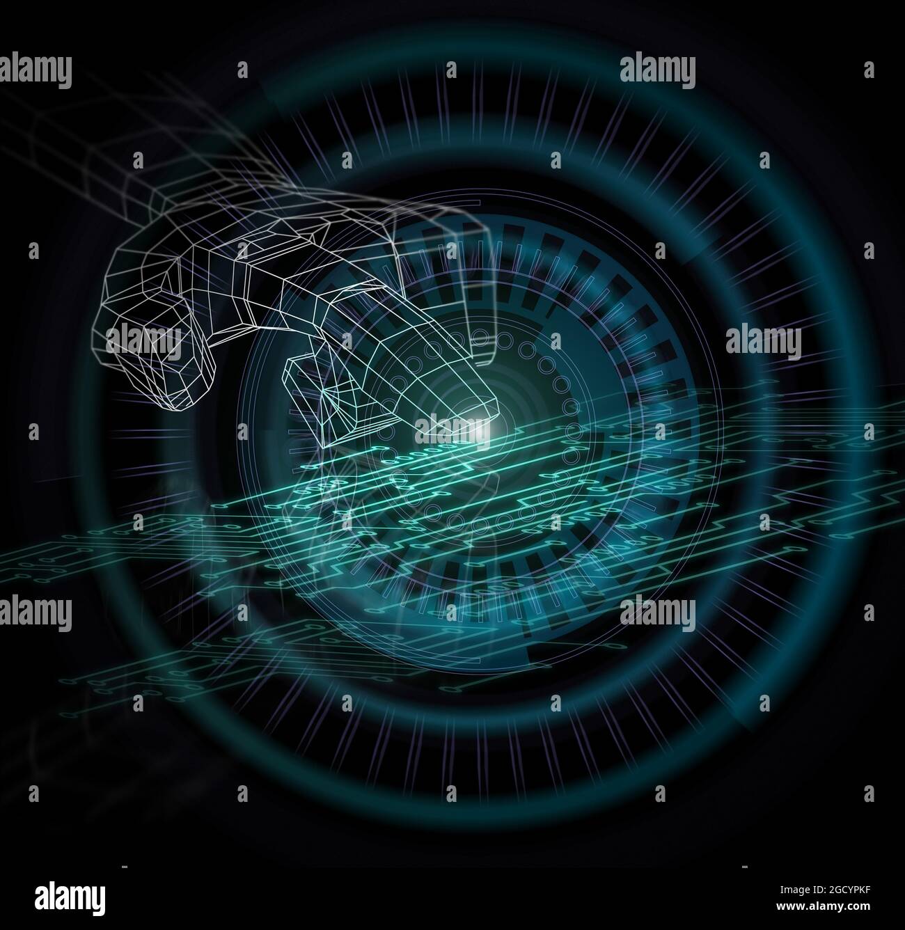 Futuristic illustration of a hand model touching a circuit in a digital ...