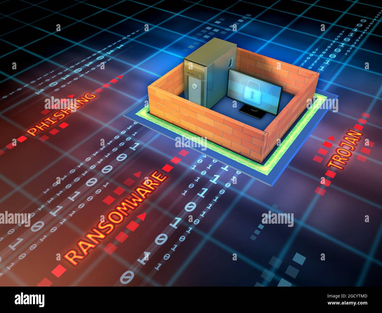 Workstation protected by a wall against hacking attacks. Digital ...