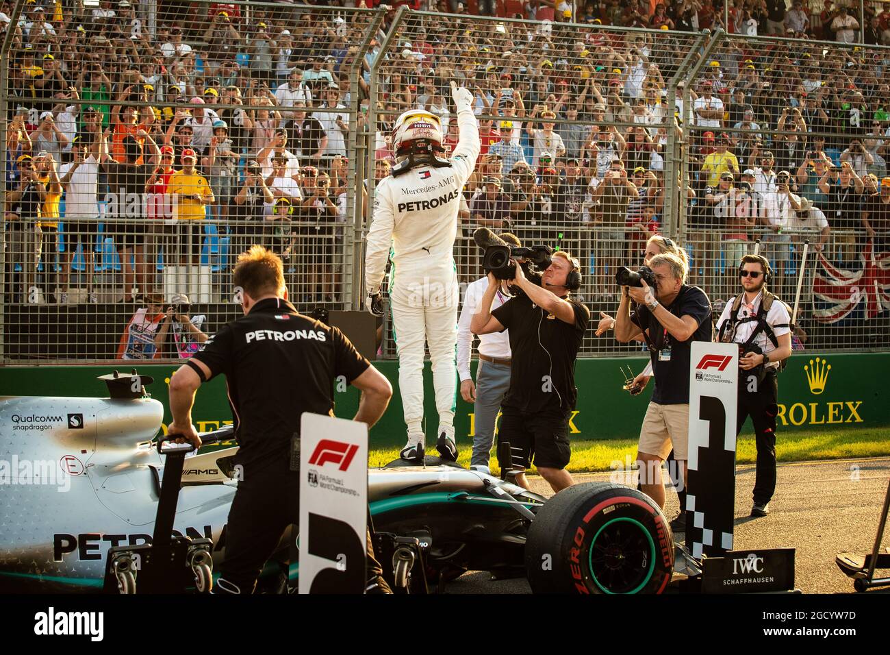 Mercedes amg f1 w10 celebrates his pole position hi-res stock ...