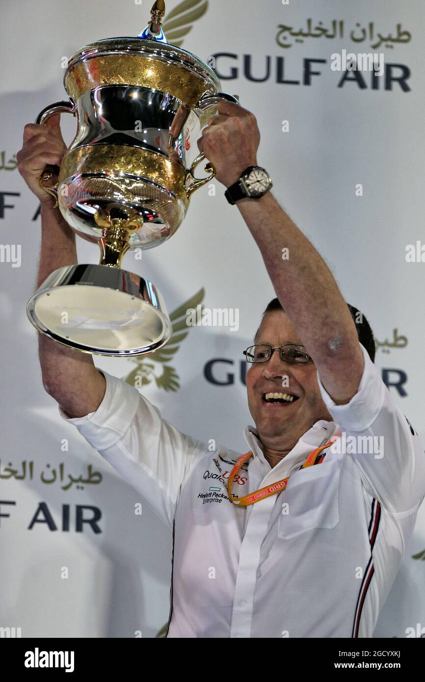 Mercedes AMG F1 celebrates on the podium. Bahrain Grand Prix, Sunday ...