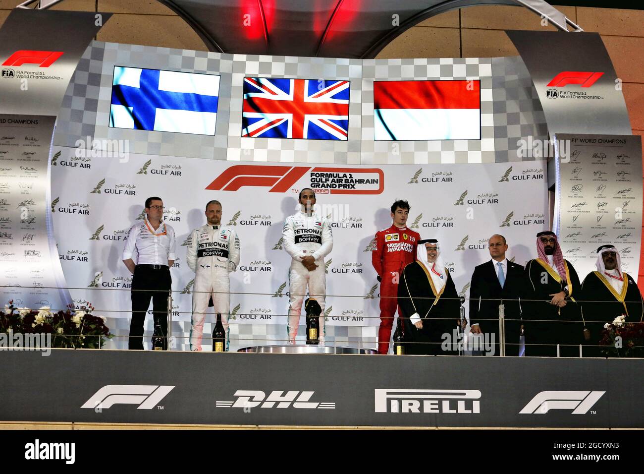 The podium (L to R): Valtteri Bottas (FIN) Mercedes AMG F1, second ...