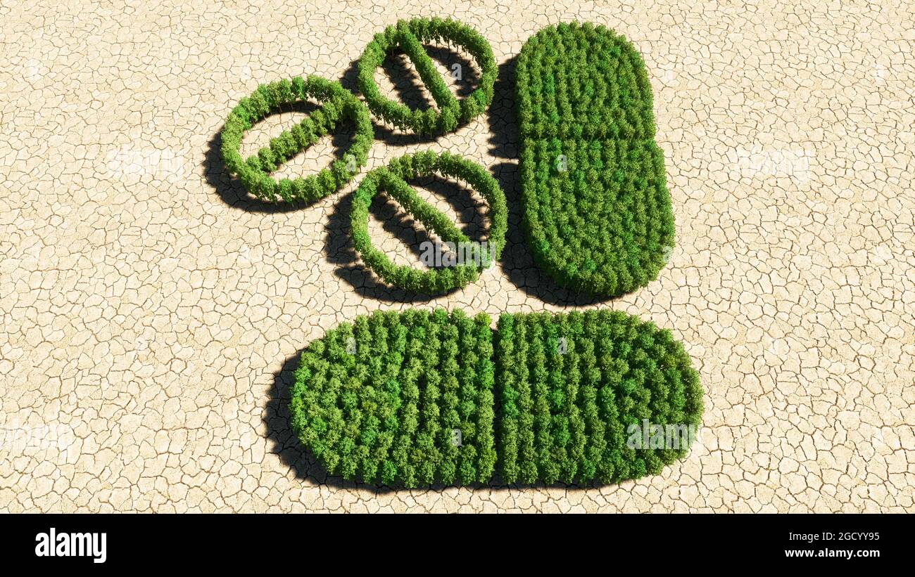 Concept or conceptual group of green forest tree on dry ground ...