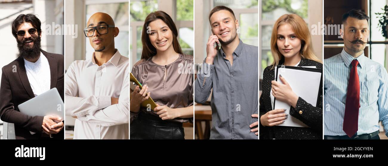 Lifestyle collage of 6 young people, male and female businessmen or ...