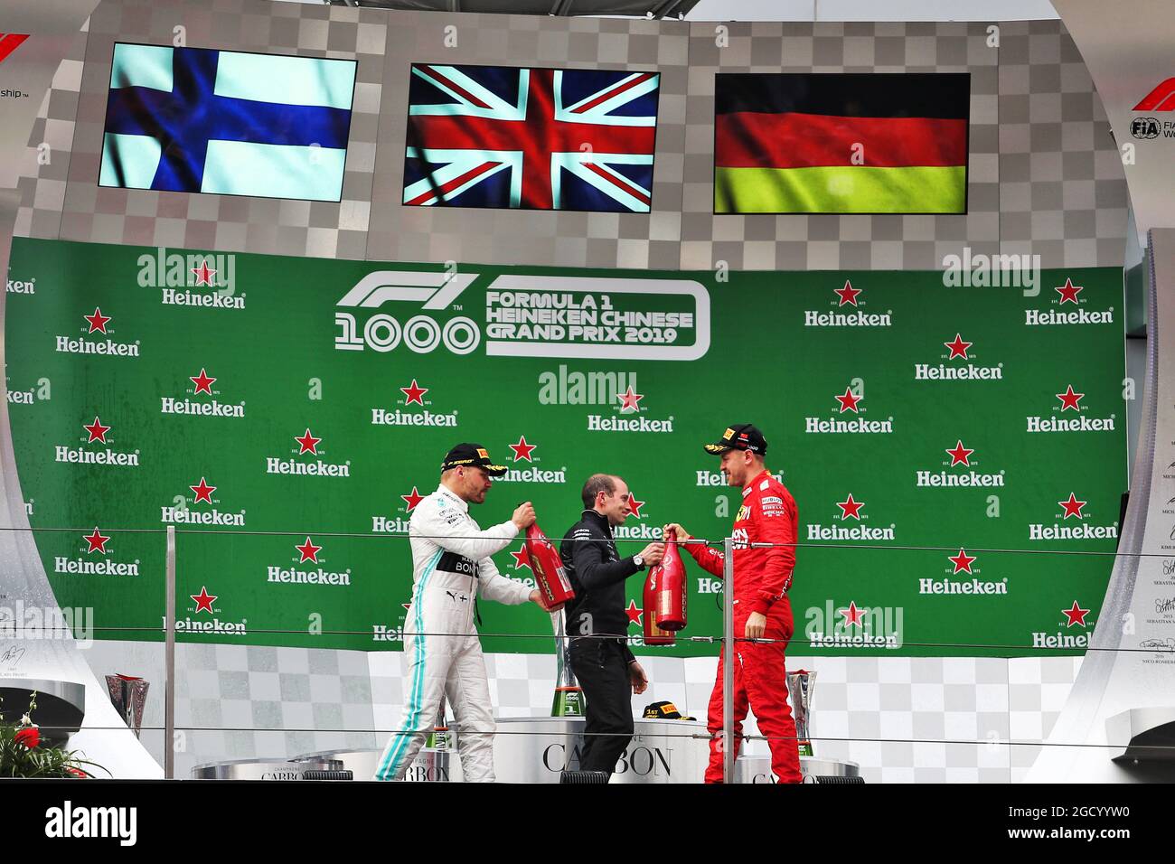 Mercedes amg f1 celebrates on podium marcus dudley hi-res stock ...