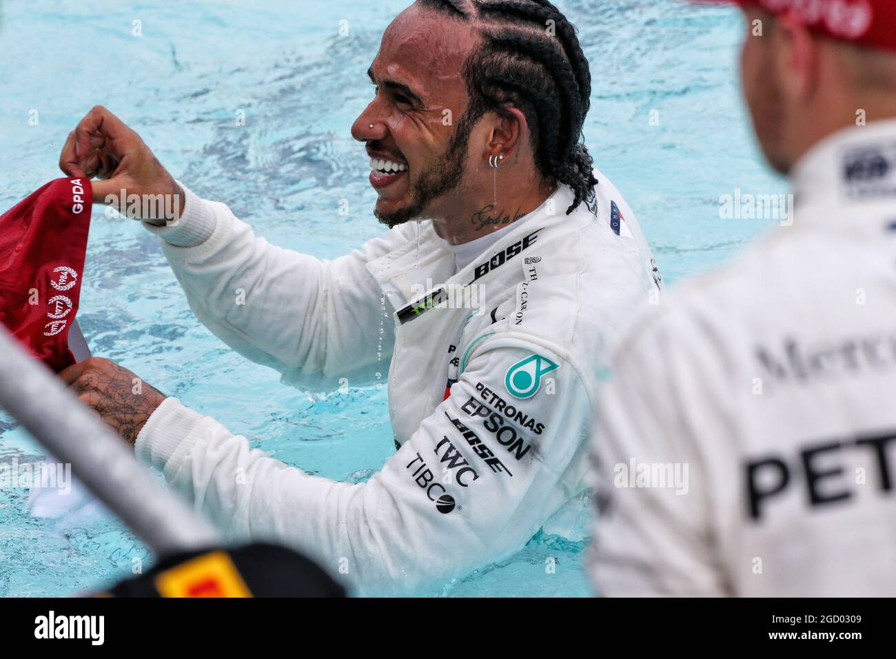 Mercedes amg f1 celebrates in swimming pool hi-res stock photography ...