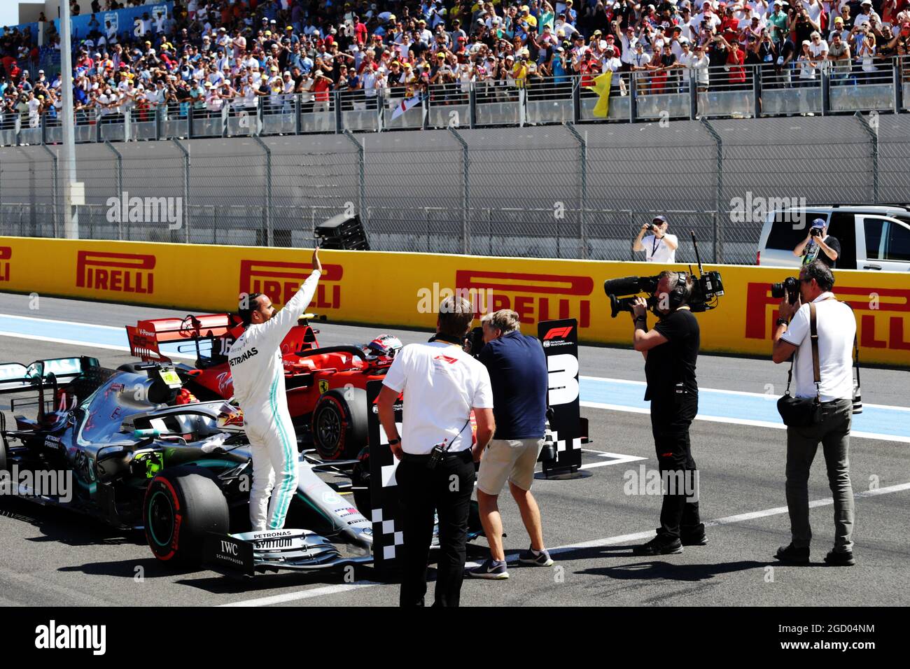 Mercedes amg f1 w10 celebrates his pole position hi-res stock ...