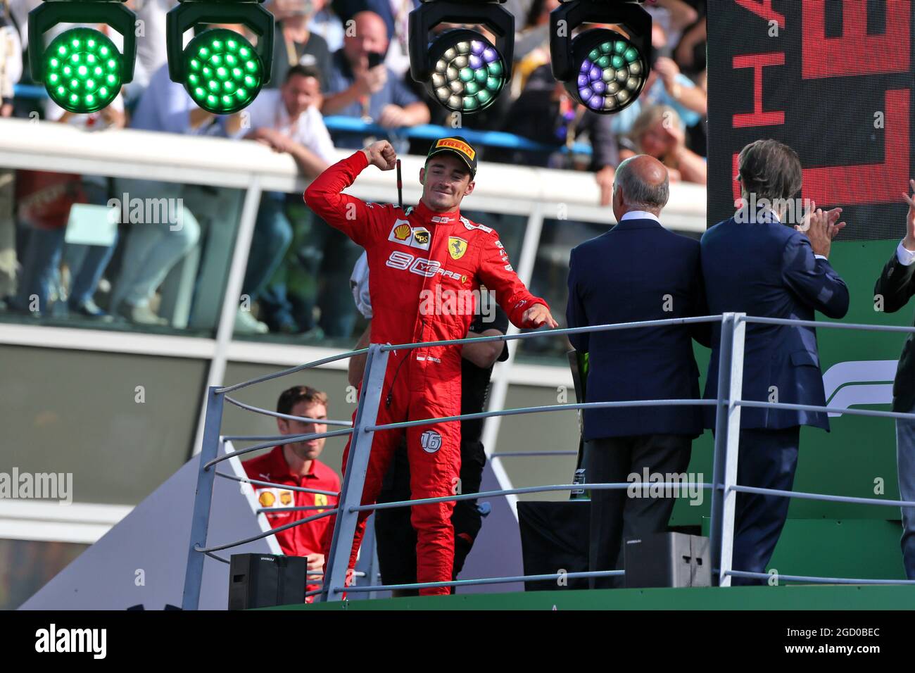 Race winner Charles Leclerc (MON) Ferrari celebrates on the podium ...