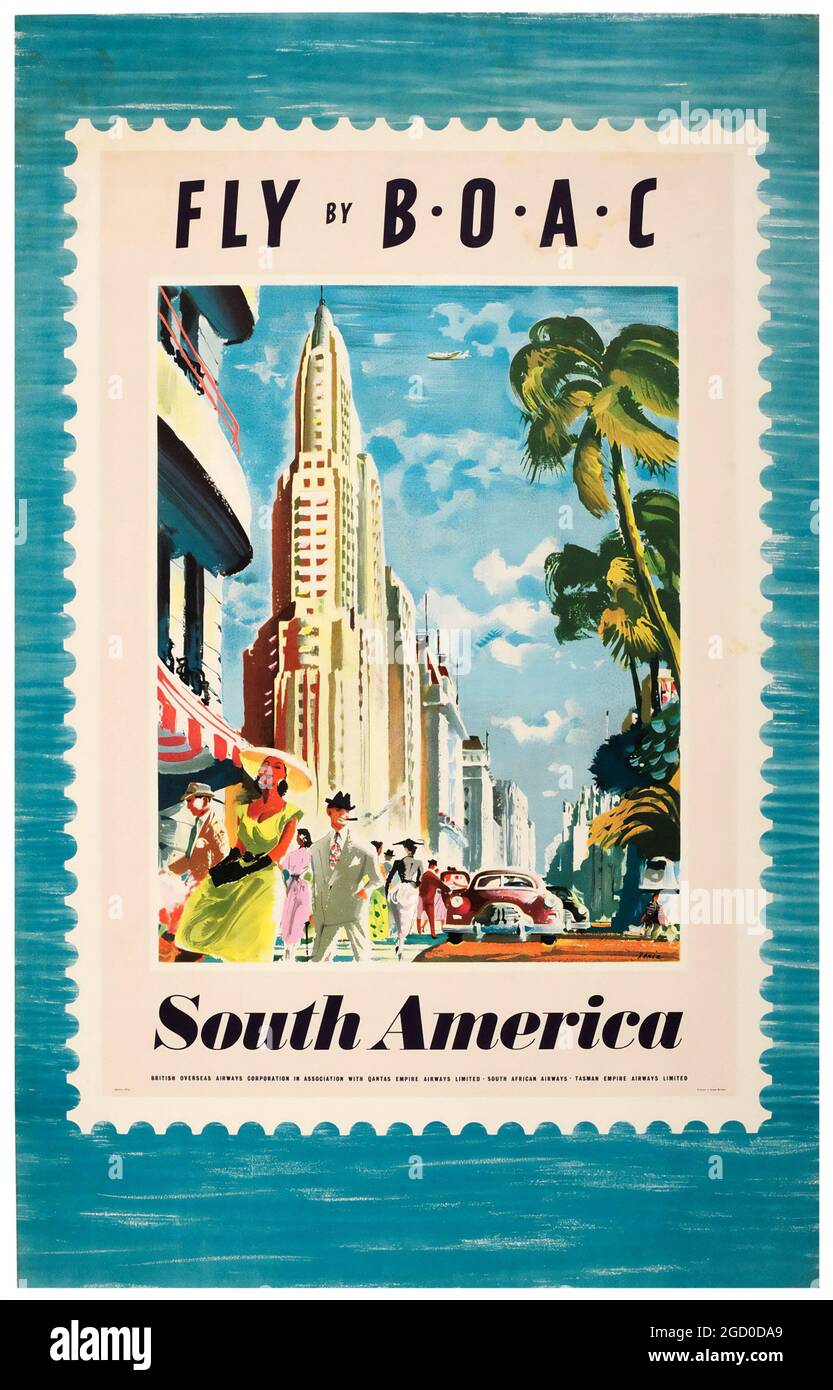 1950s Vintage Travel Advertising Poster, "Fly by BOAC, South America ...