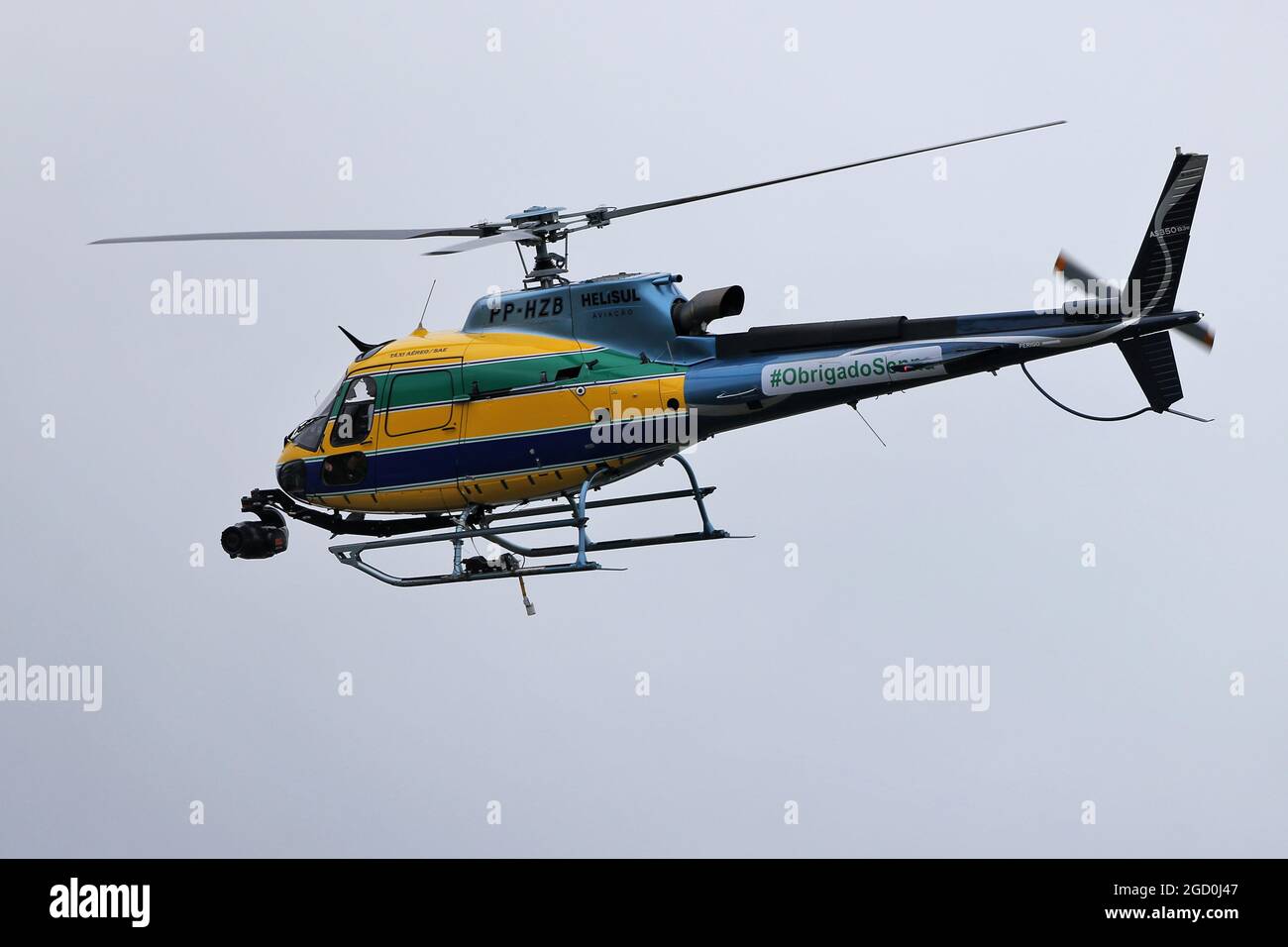 F1 Camera Helicopter with painted tribute to Ayrton Senna. Brazilian ...