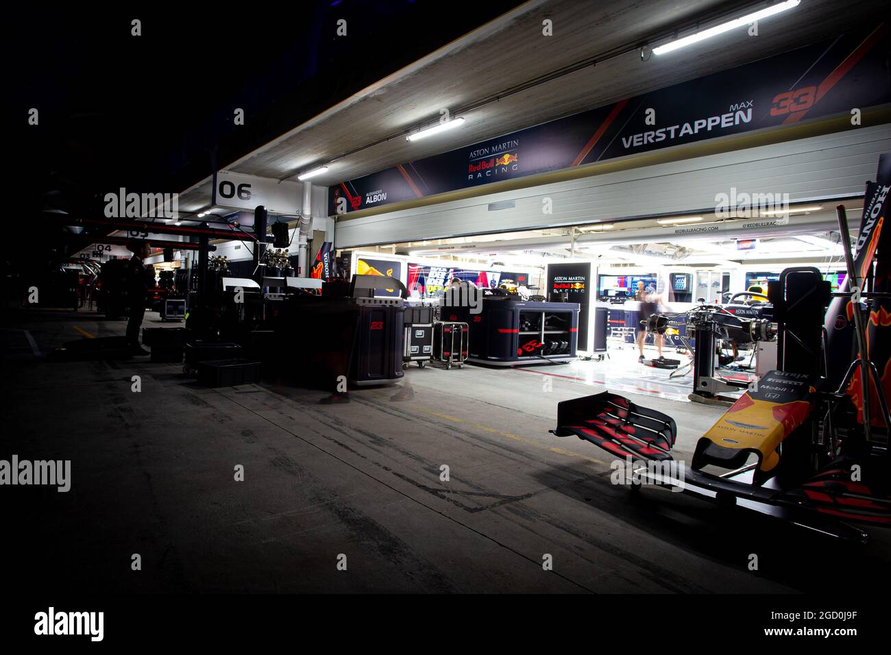 Red Bull Racing pit garages at night. Brazilian Grand Prix, Friday 15th ...