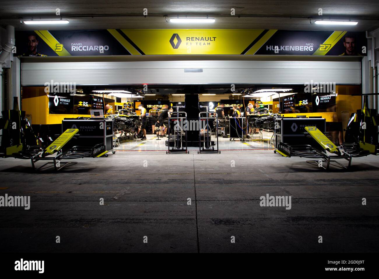 Renault F1 Team pit garages at night. Brazilian Grand Prix, Friday 15th ...