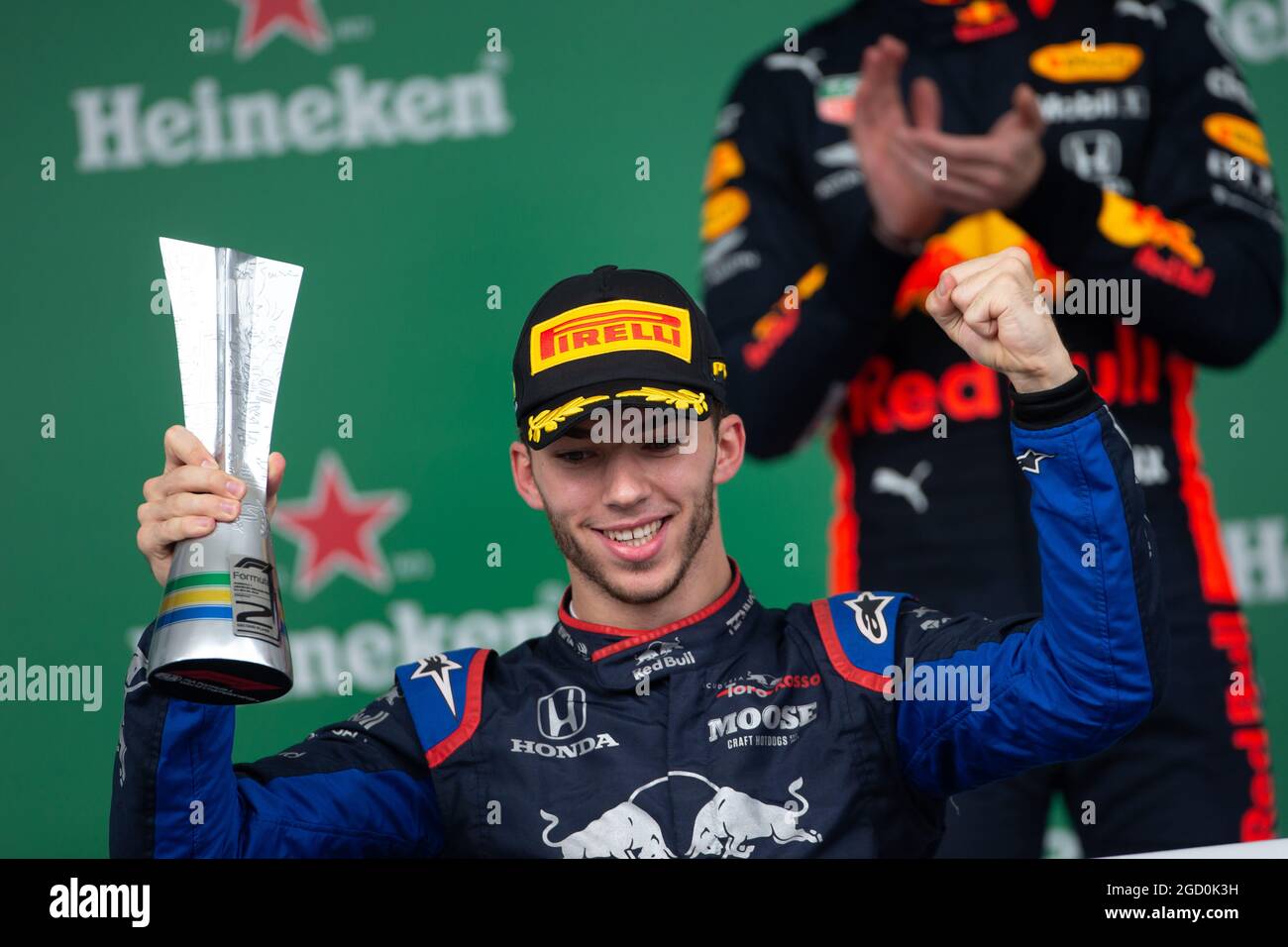 Pierre Gasly (FRA) Scuderia Toro Rosso celebrates his second position ...