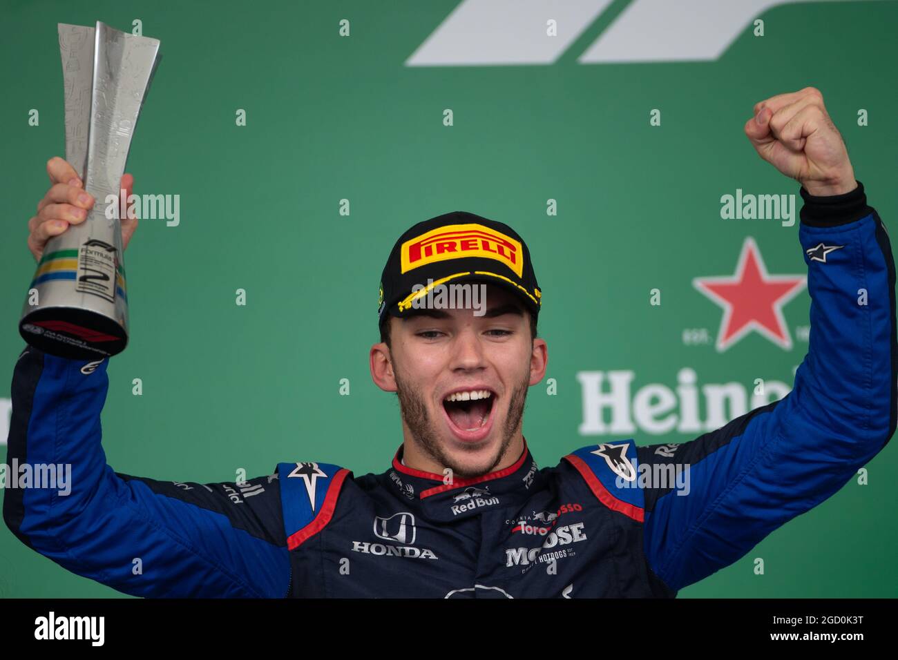 Pierre Gasly (FRA) Scuderia Toro Rosso celebrates his second position ...