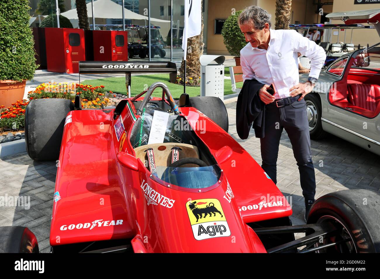 Alain Prost (FRA) Renault F1 Team Special Advisor with the 1982 Ferrari ...