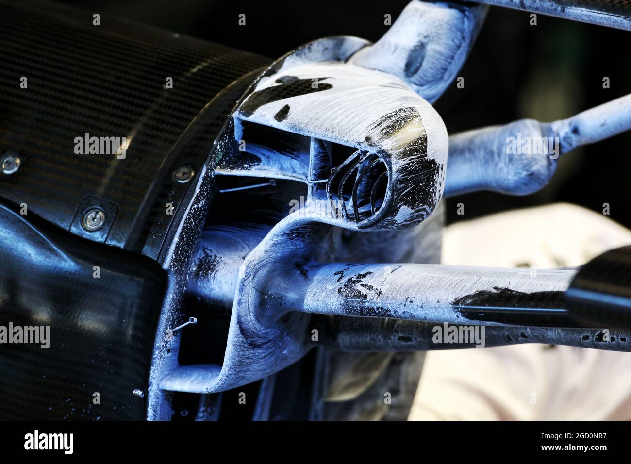 flow-vis paint on the front suspension and brake duct of the Mercedes ...