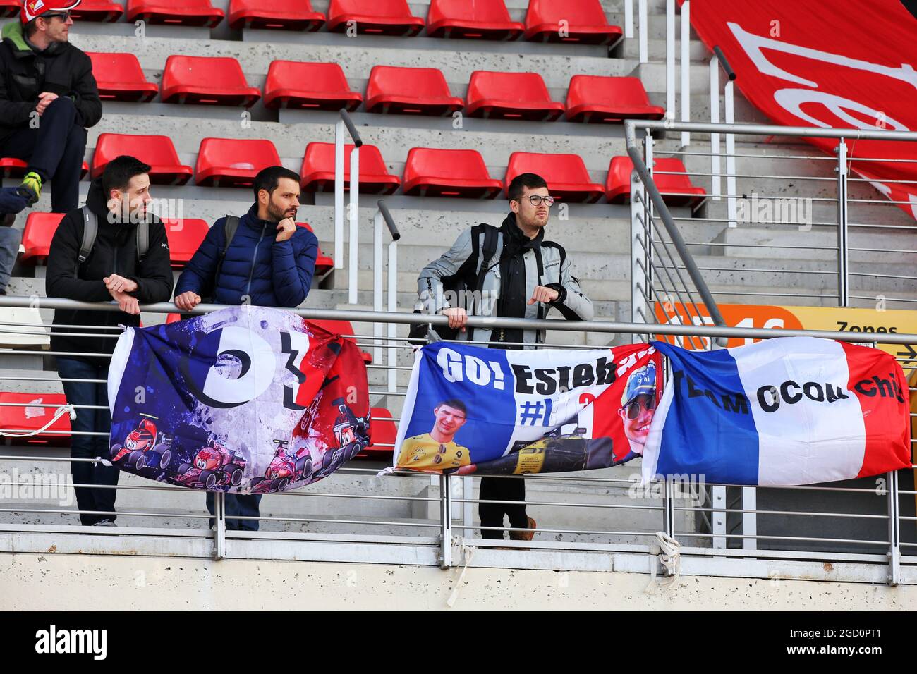Banners for Esteban Ocon (FRA) Renault F1 Team with fans in the ...
