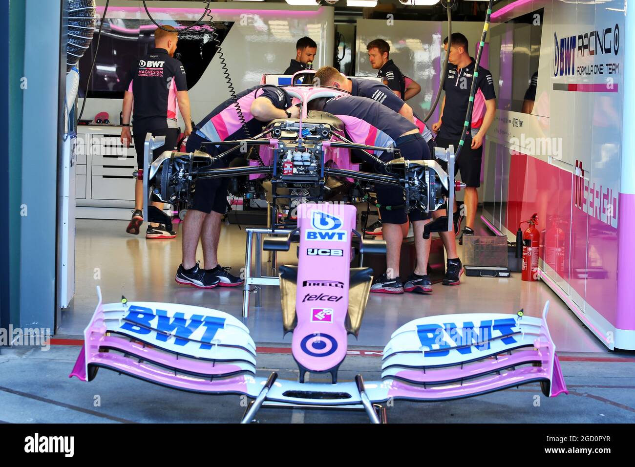 Racing Point F1 Team RP20 worked on by mechanics. Australian Grand Prix ...