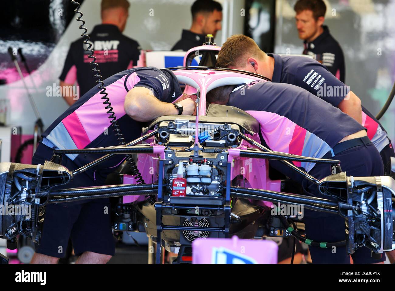 Racing Point F1 Team RP20 worked on by mechanics. Australian Grand Prix ...