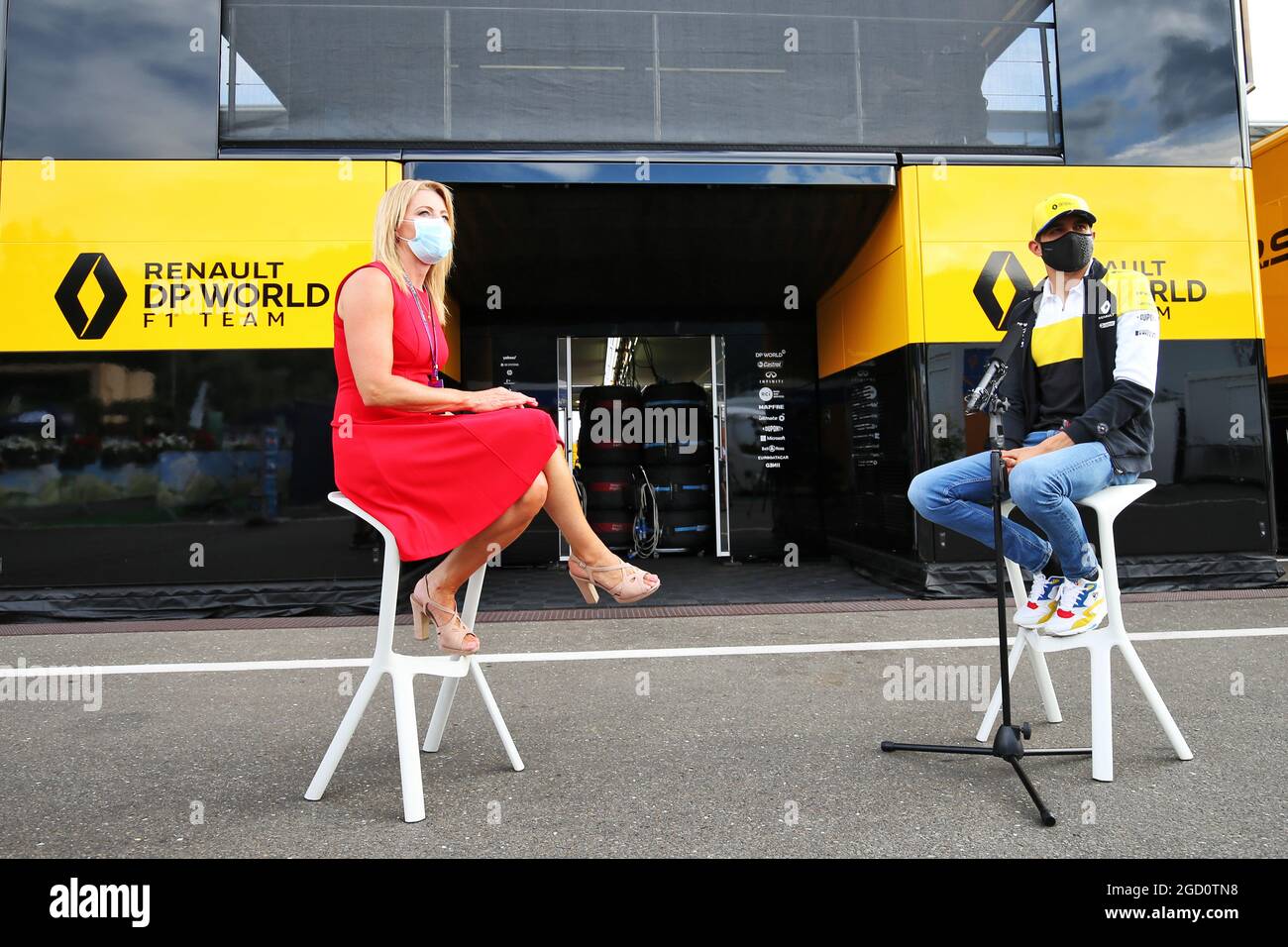 (L to R): Rachel Brookes (GBR) Sky Sports F1 Reporter with Esteban Ocon ...