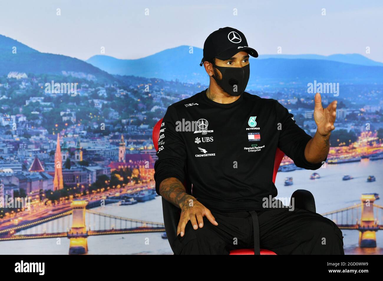 Lewis Hamilton (GBR) Mercedes AMG F1 in the post qualifying FIA Press ...