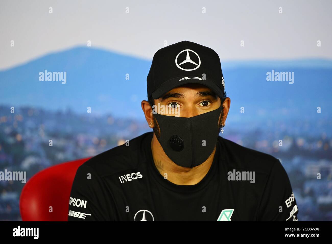 Lewis Hamilton (GBR) Mercedes AMG F1 in the post qualifying FIA Press ...