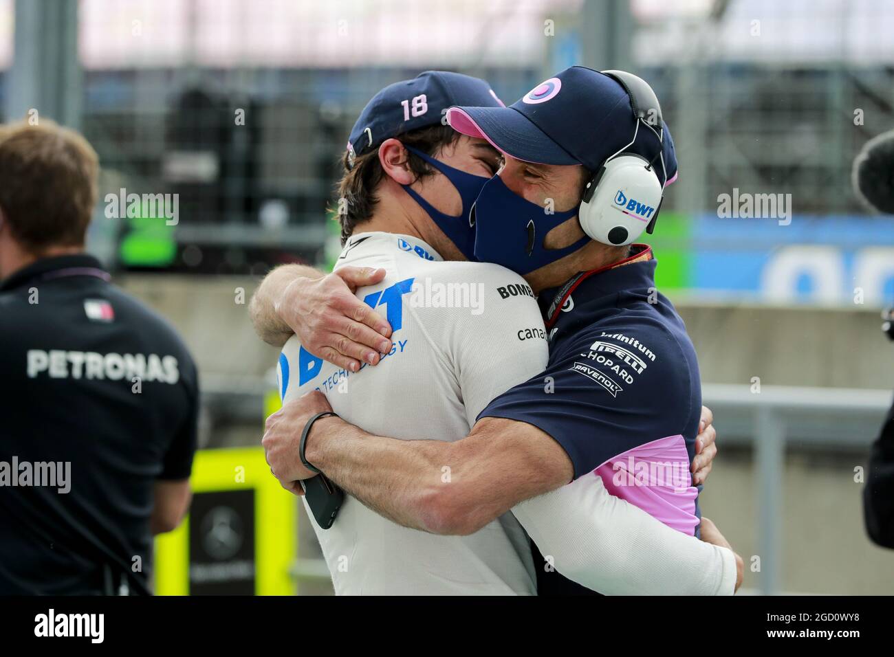 Lance Stroll (CDN) Racing Point F1 Team celebrates his third position ...