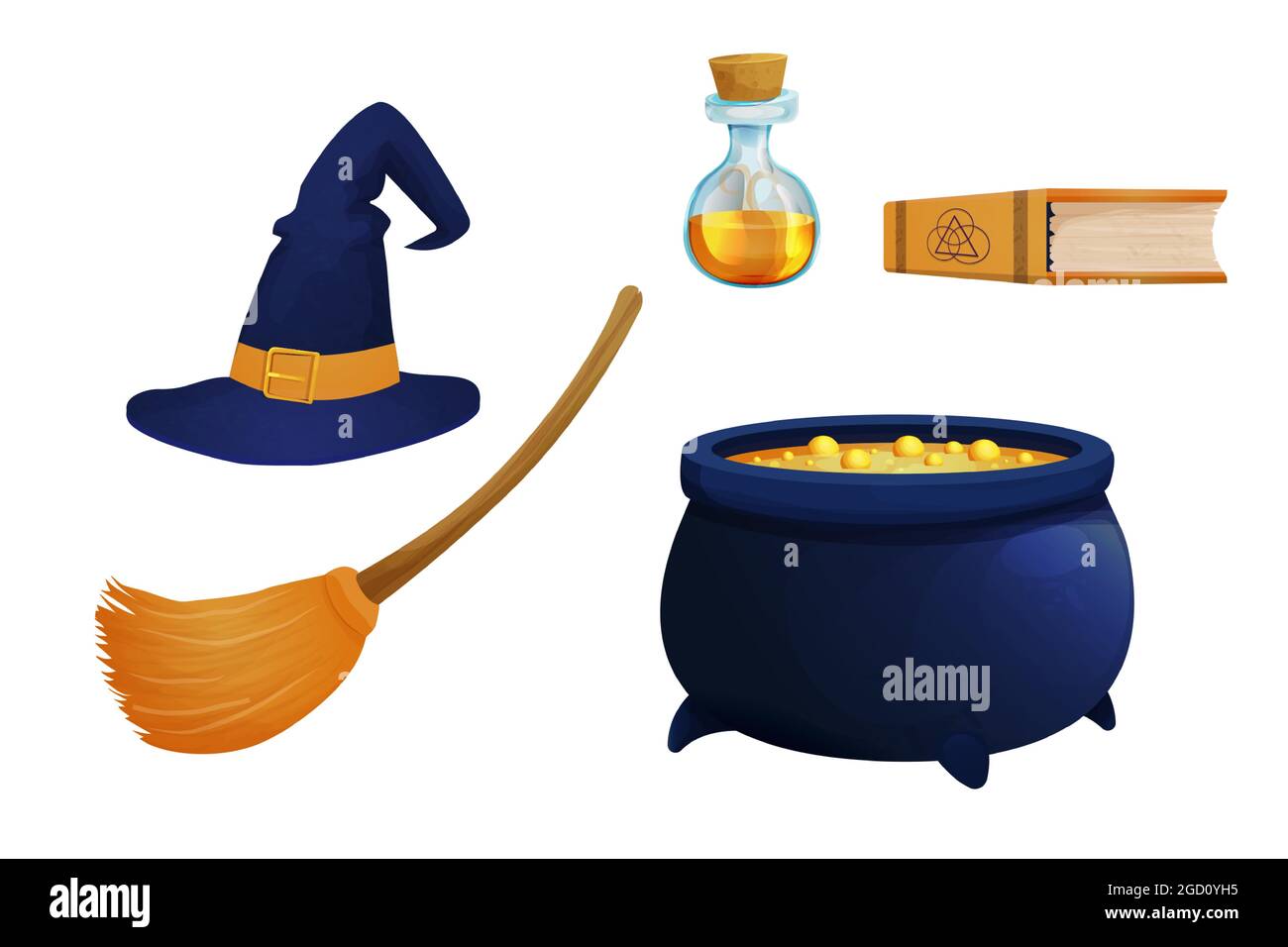 Set witch hat with broom, caldron, poison in bottle and book magic ...