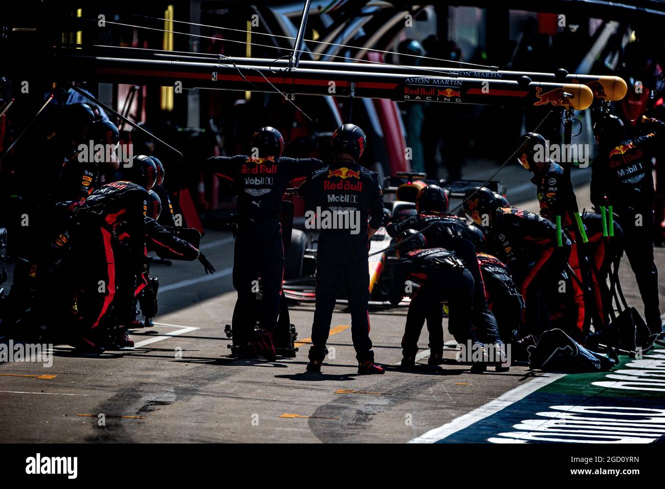 Max Verstappen (NLD) Red Bull Racing RB16 makes a pit stop. 70th ...