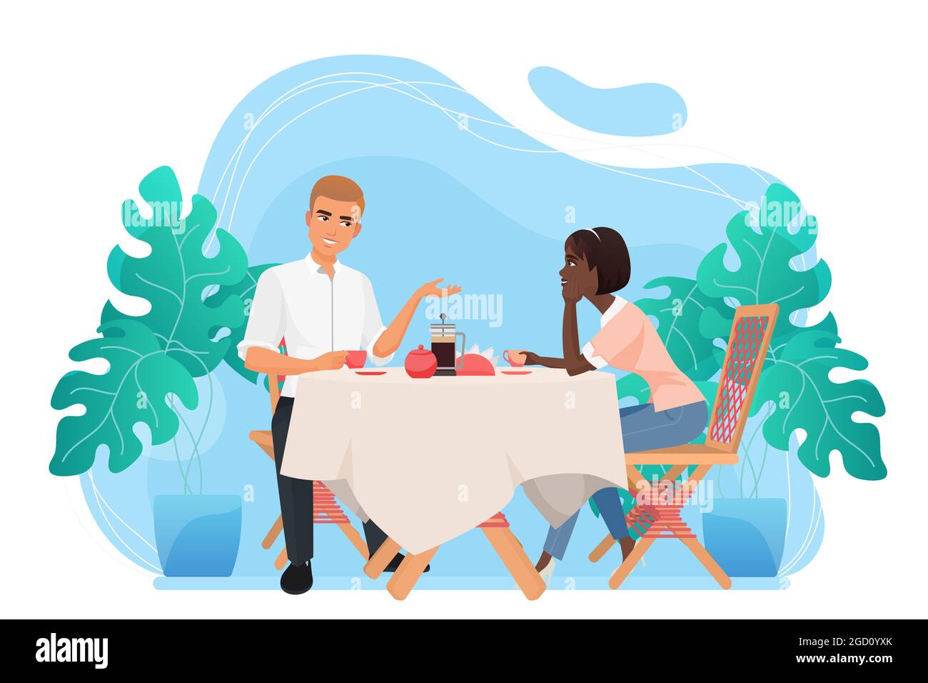 Couple people drink coffee or tea during business lunch or coffee break ...