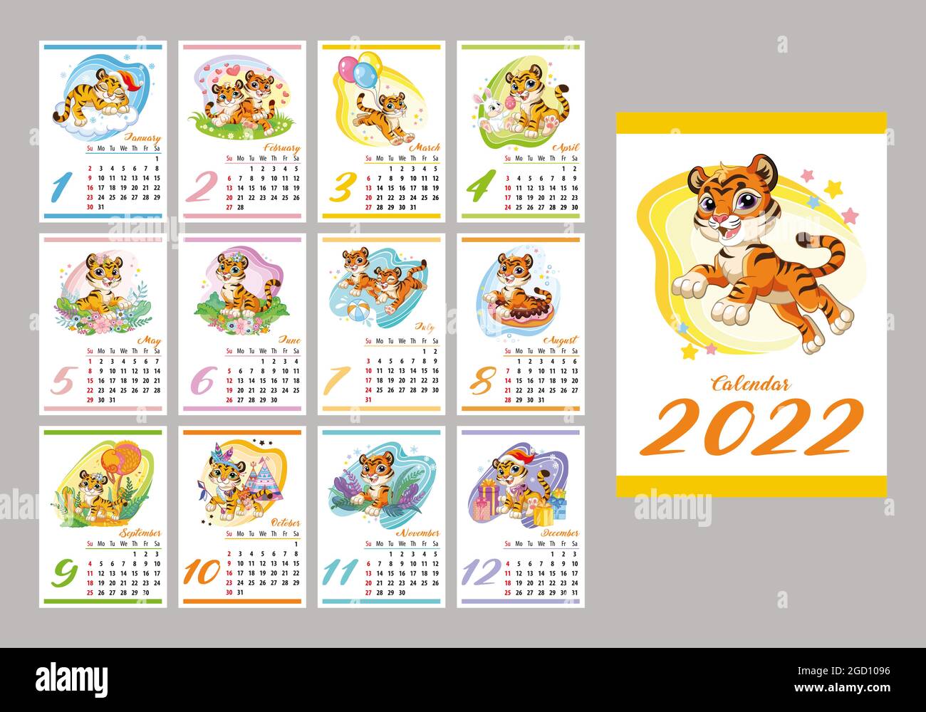 2022 Calendar design. Set of 12 months with a cover. Week starts on ...