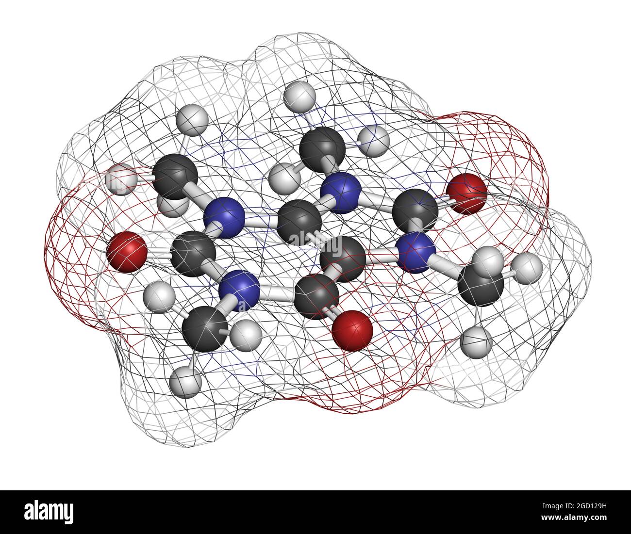 Theacrine molecule. Caffeine analog present in kucha tea. 3D rendering ...