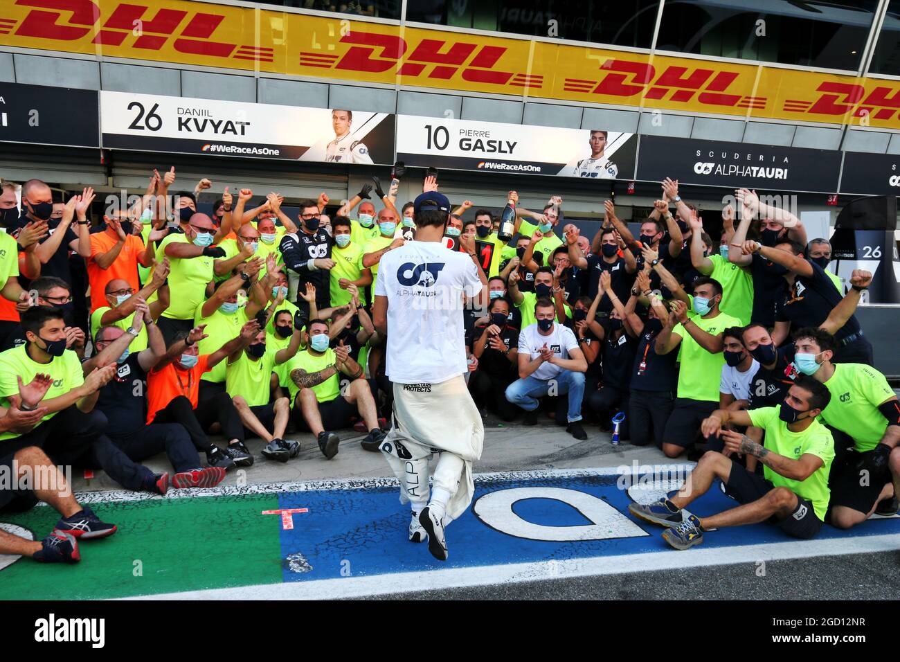 Race winner Pierre Gasly (FRA) AlphaTauri celebrates with the team ...