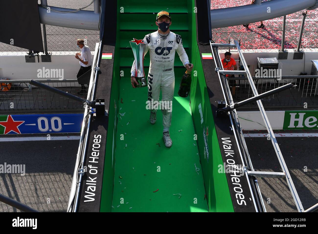 Race winner Pierre Gasly (FRA) AlphaTauri celebrates on the podium ...