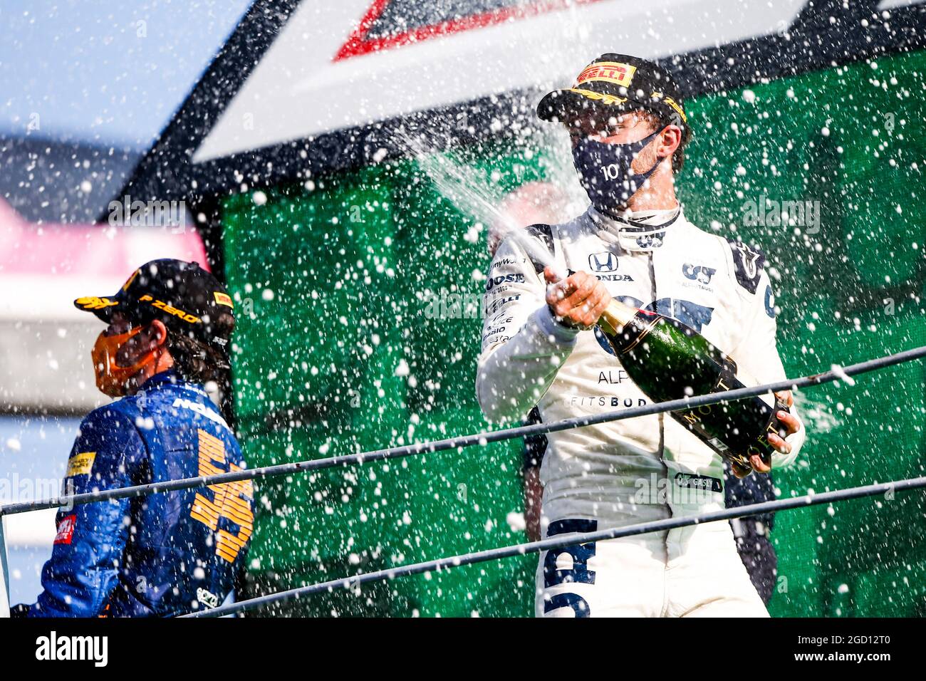 Race winner Pierre Gasly (FRA) AlphaTauri celebrates on the podium ...