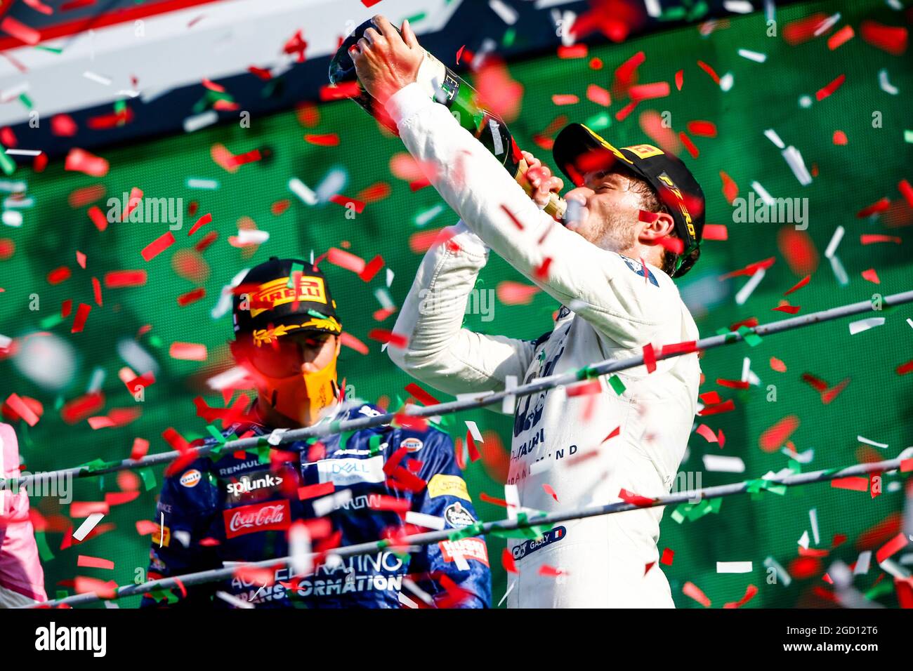 Race winner Pierre Gasly (FRA) AlphaTauri celebrates on the podium ...