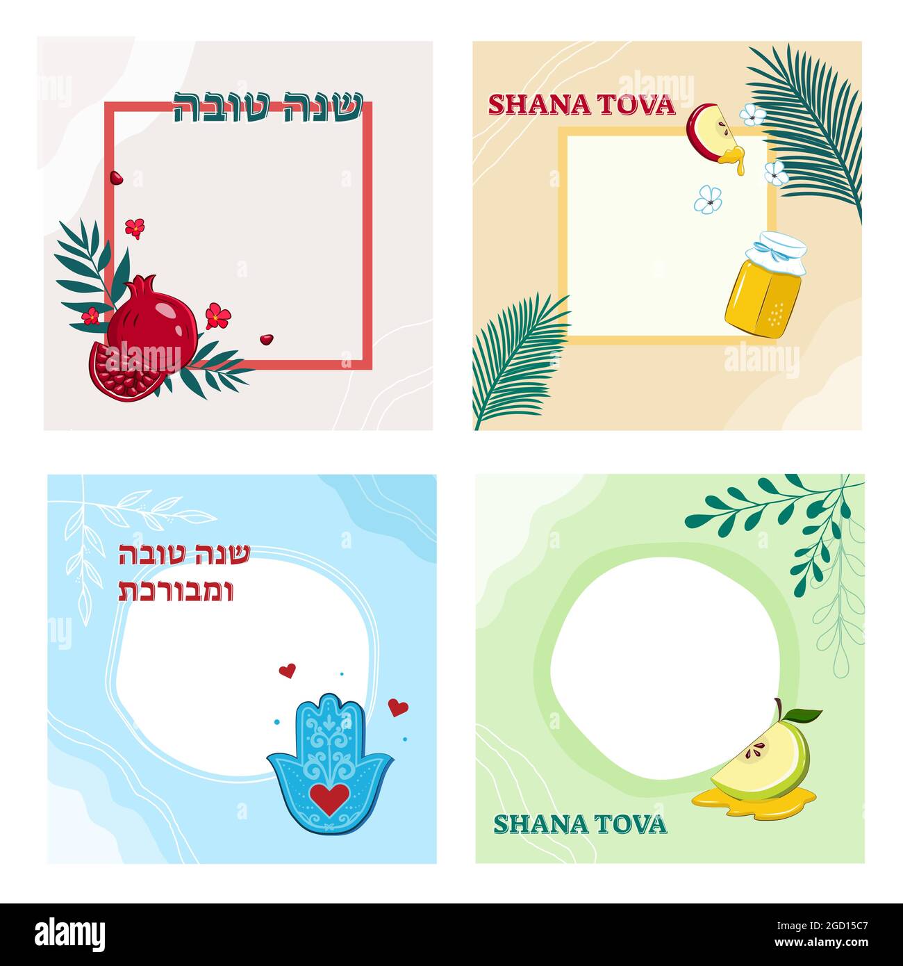 Rosh Hashanah greeting banners with symbols of Jewish New Year ...