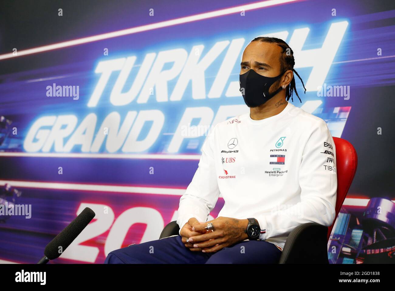 Lewis Hamilton (GBR) Mercedes AMG F1 in the FIA Press Conference ...