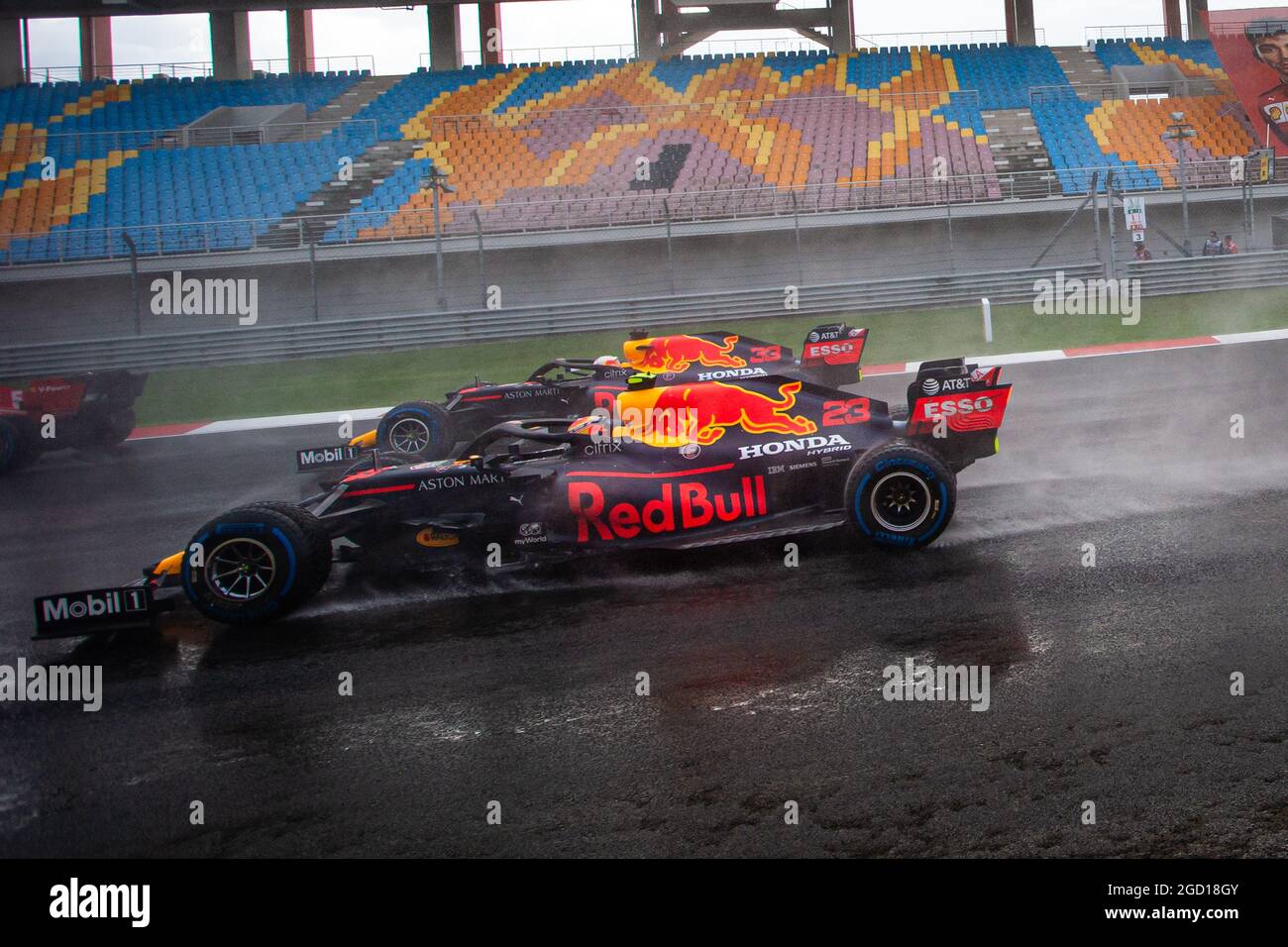 Alexander Albon (THA) Red Bull Racing RB16 and Max Verstappen (NLD) Red ...