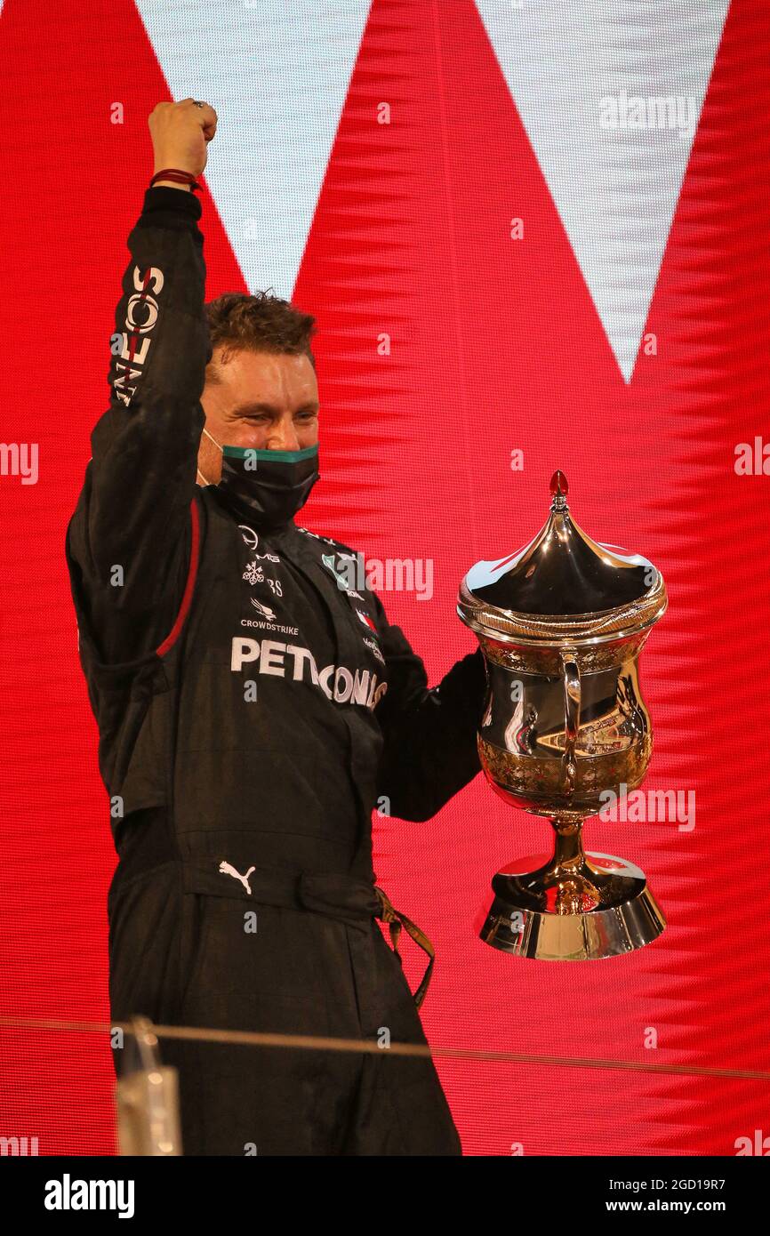 Mercedes AMG F1 celebrates on the podium. Bahrain Grand Prix, Sunday ...