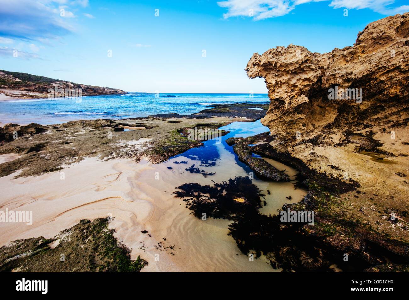 The lesser known Monforts Beach and its rockpool formations on a sunny ...