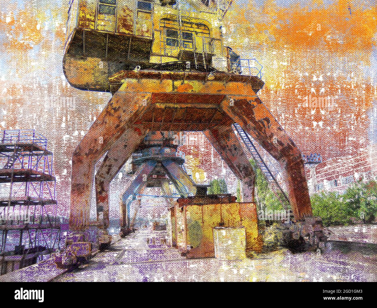 Industry. Old port cranes against the sky. Rusty cranes in a row on an ...