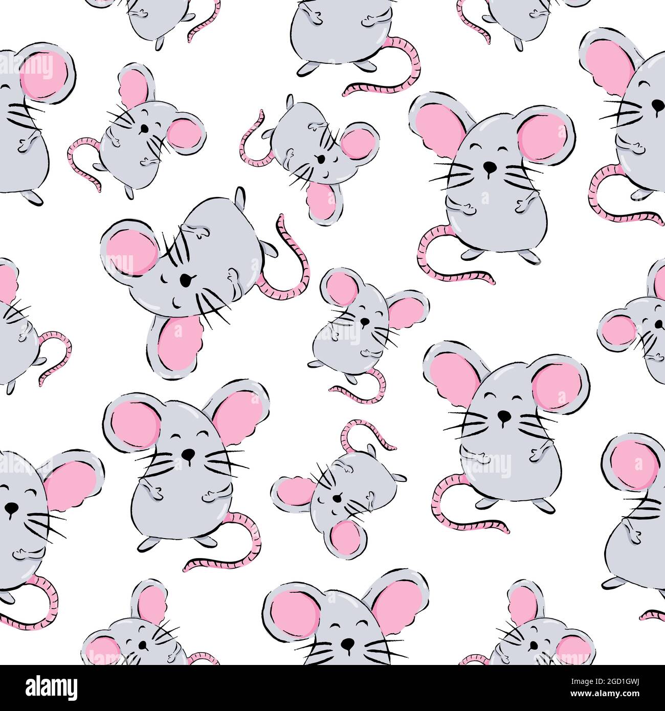 Cute cartoon grey mouse seamless pattern, vector illustration on white ...