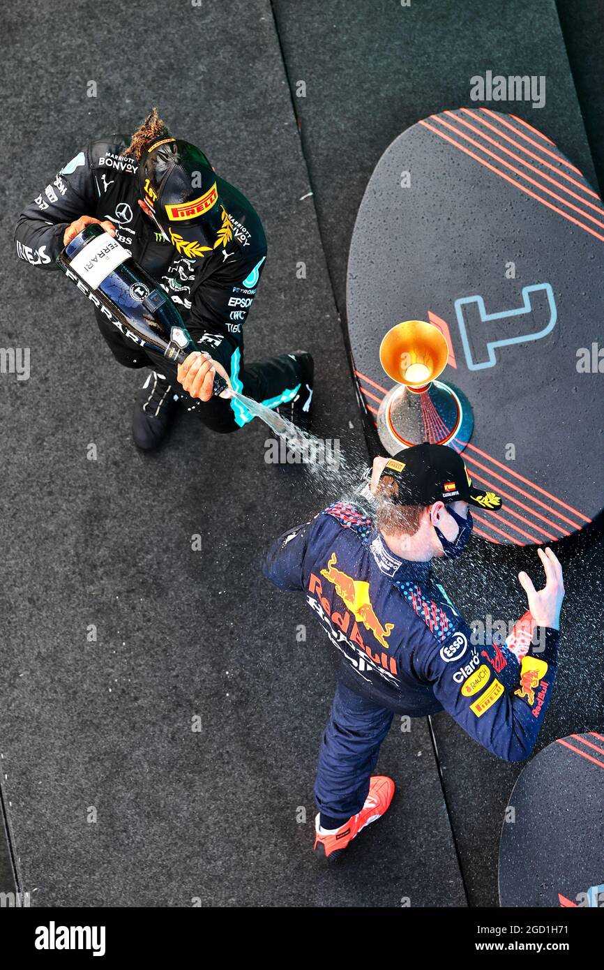 Mercedes amg f1 celebrates on podium third placed max verstappen hi-res ...